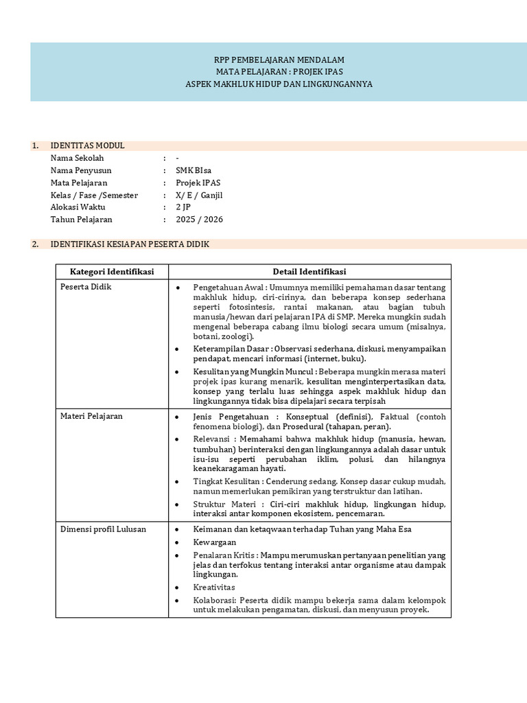 RPP Pembelajaran Projek IPAS SMK | PDF