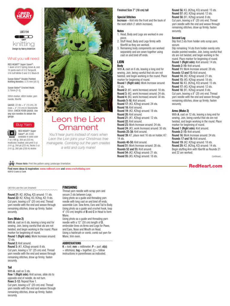 Red Heart - Leon the Lion Ornament in Super Saver (Downloadable PDF ...
