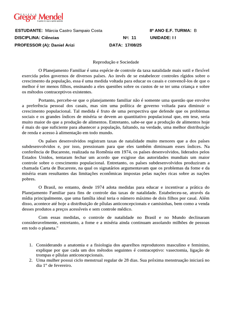 AV2 Atividade Pontuada de Ciências 8°ano | PDF | Anticoncepcionais | Pílula anticoncepcional
