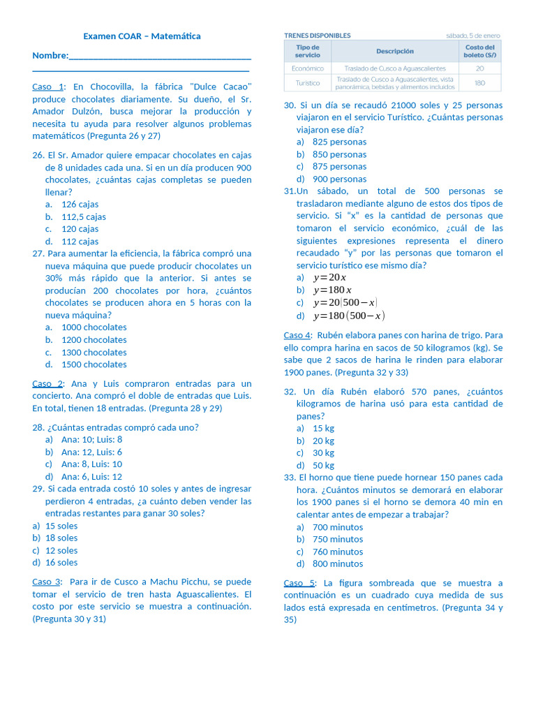 Examen COAR de Matemáticas 2023 | PDF | Chocolate