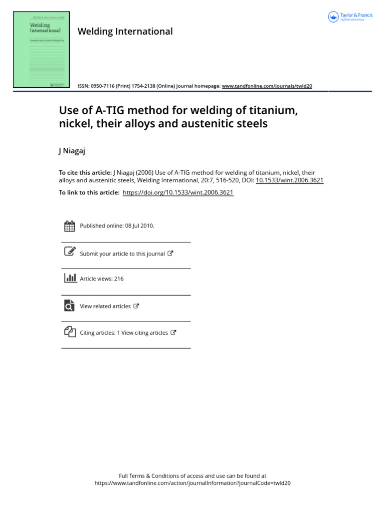 A-TIG Welding of Nickel and Titanium | PDF | Construction | Welding