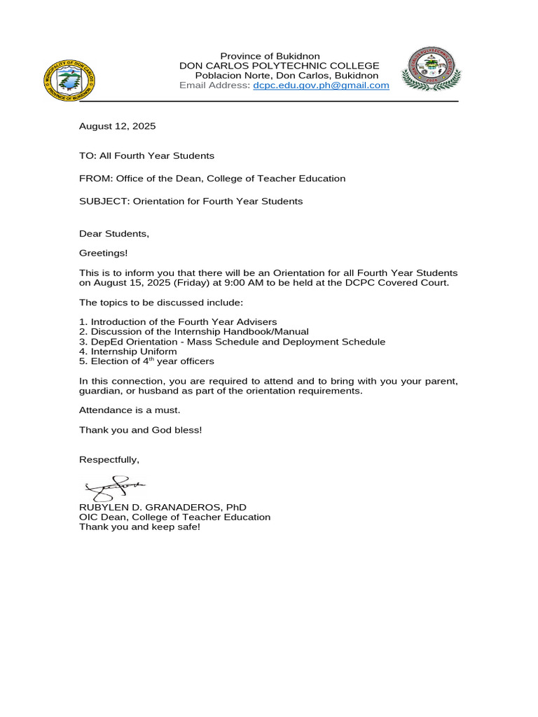 Orientation For 4th Year Students | PDF