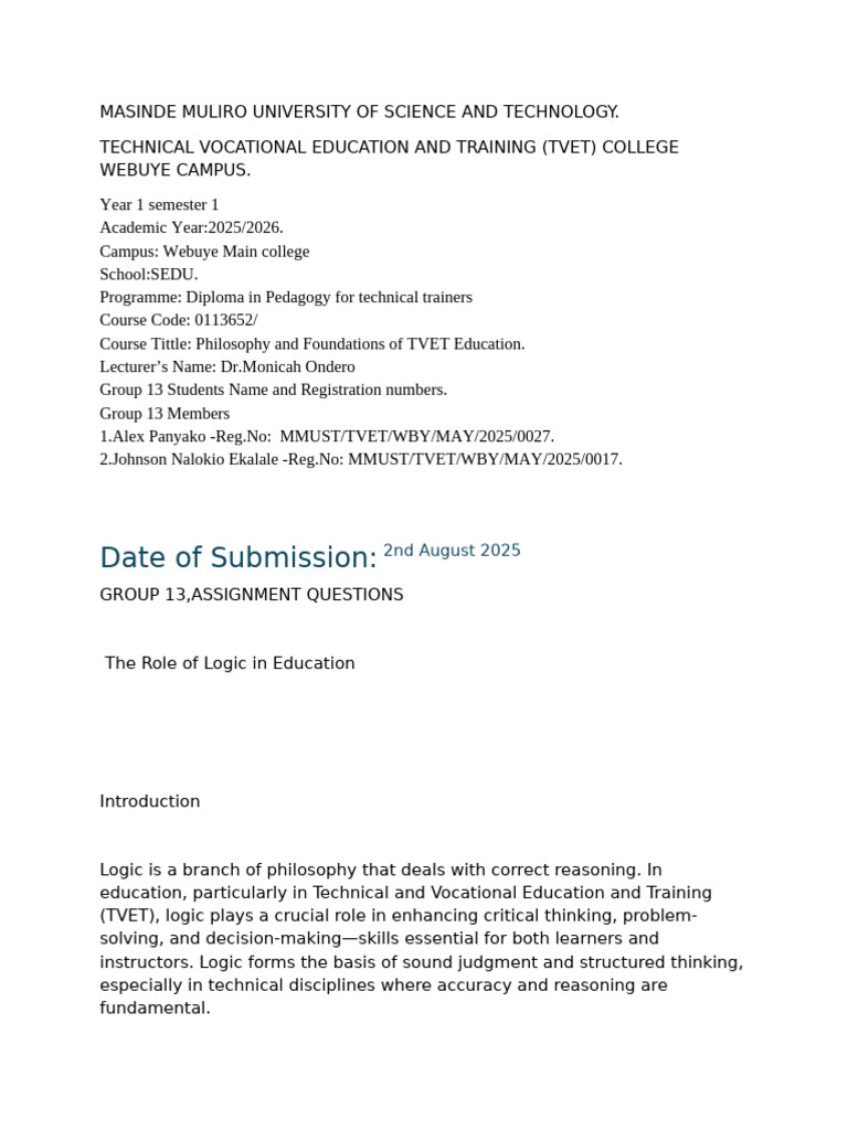 Philosophy Group 13 Assignment | PDF | Vocational Education | Critical ...