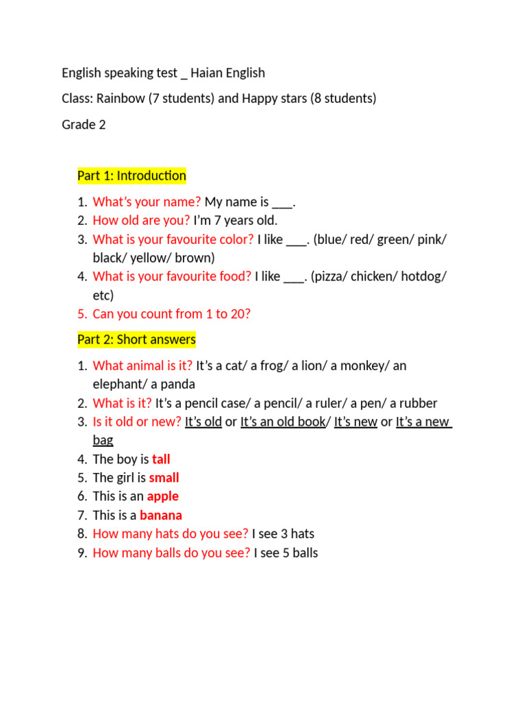 Grade 2 English Speaking Test Guide | PDF