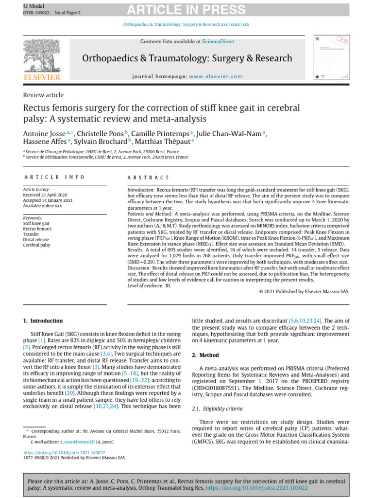 Rectus Femoris Surgery For The Correction of Stiff Knee Gait in ...