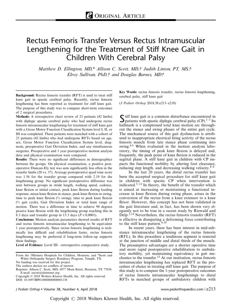 Rectus Femoris Surgery for Stiff Knee Gait | PDF | Cerebral Palsy ...