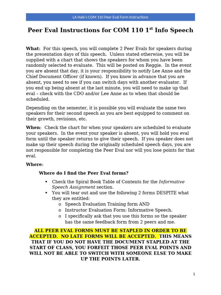 Peer Eval Instructions For COM 110 1st Info Speech-1 | PDF | Human ...