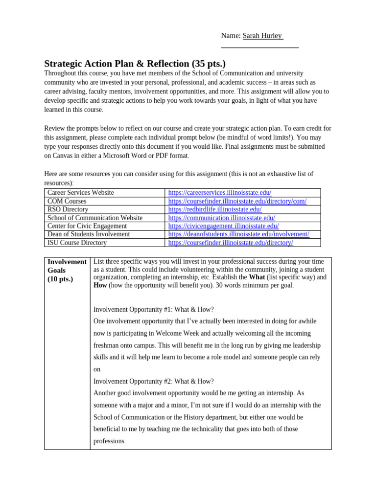 COM 100 Strategic Action Plan Assignment-Sarah Hurley | PDF | Social ...