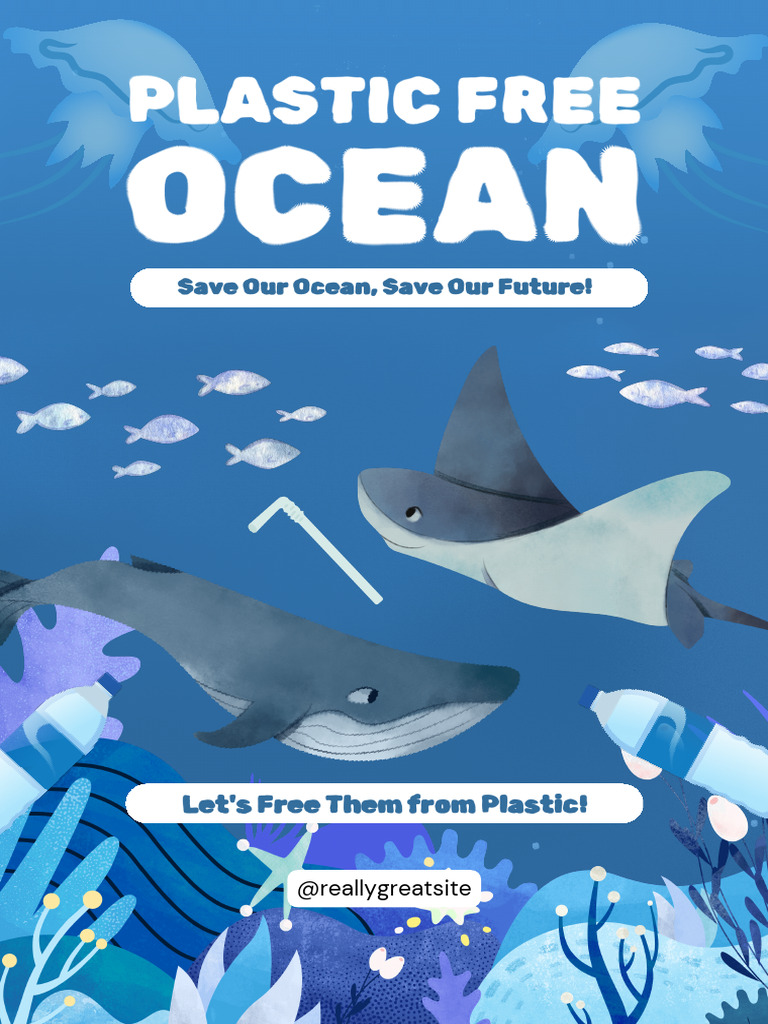 Blue Illustrative Plastic Free Ocean Poster | PDF