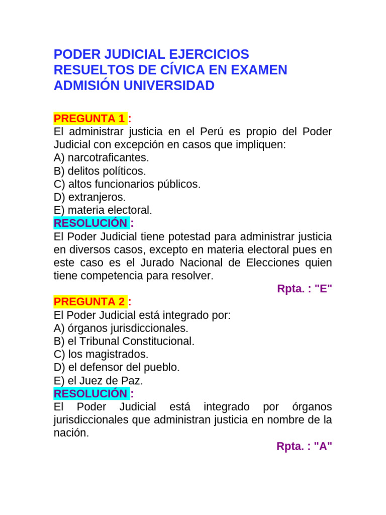 Poder Judicial Ejercicios Resueltos de Cívica en Examen Admisión Universidad | PDF | Judicaturas ...