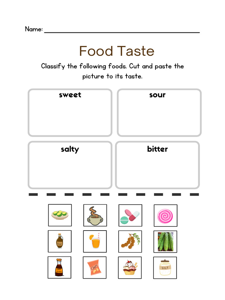 Colorful Illustrative Food Taste Sorting Worksheet | PDF