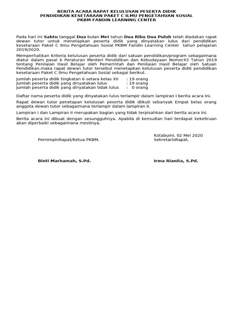 Berita Acara Kelulusan FLC | PDF