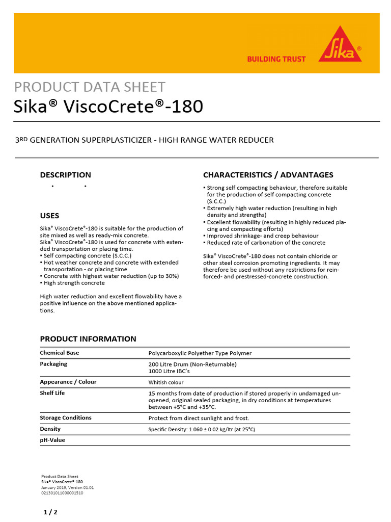 Sika® ViscoCrete®-180 Product Overview | PDF | Concrete | Water
