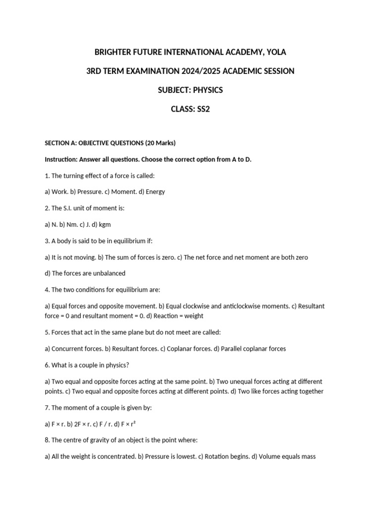 SS2 Physics 3RD Term Exam | PDF | Buoyancy | Density