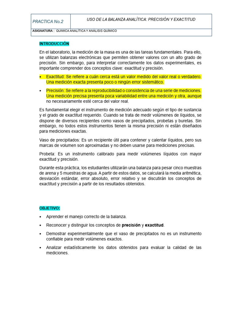 Práctica 2 Quimica Analitica - Precisión y Exactitud | PDF | Exactitud ...