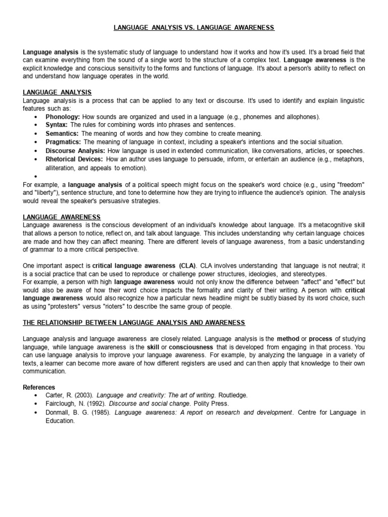 Language Analysis vs. Language Awareness | PDF | Semantics | Linguistics