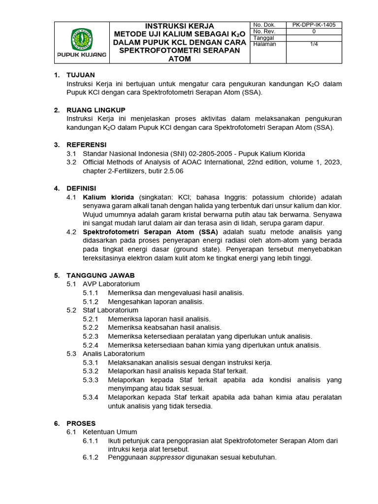 PK-DPP-IK-1405 Instruksi Kerja Metode Uji Kalium Sebagai K2O Dalam Pupuk KCL Dengan Cara Spektro ...