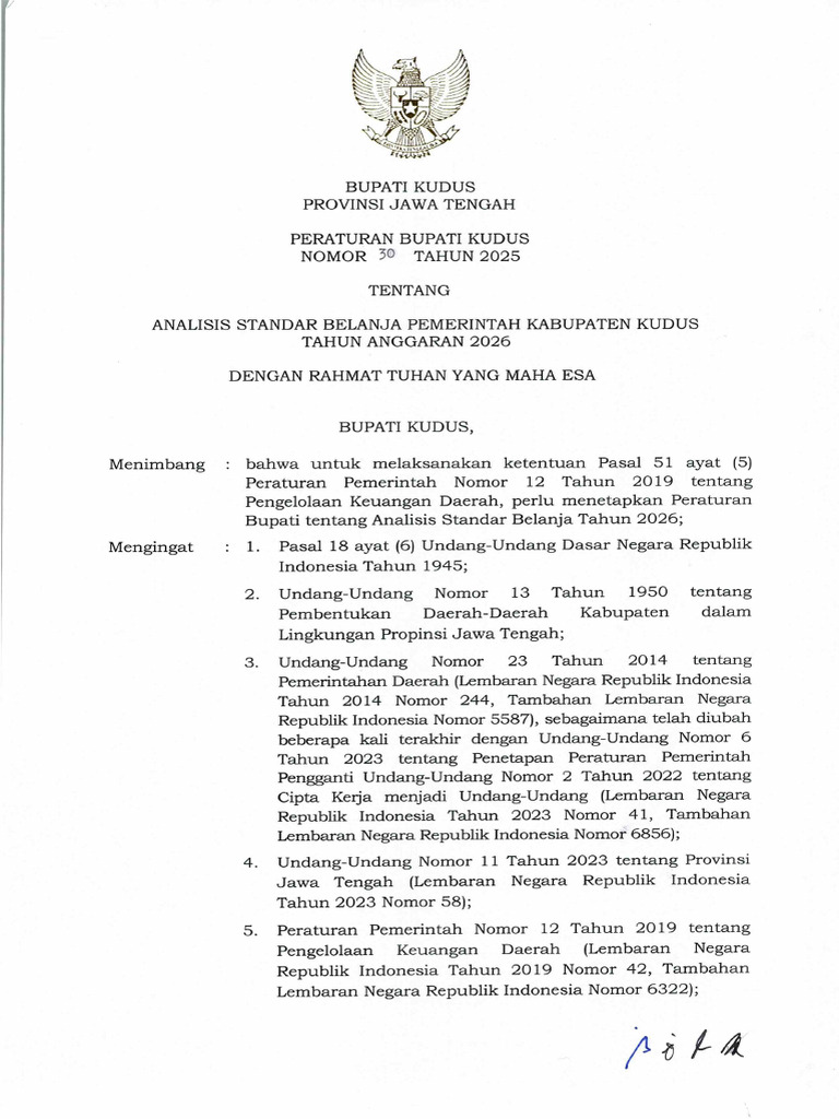 PERBUP No 30 Tahun 2025 Tentang Analisis Standar Belanja TA 2026 | PDF