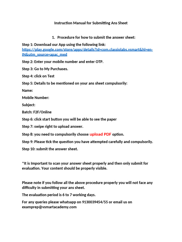 Instruction Manual On How To Submit Ans Sheet | PDF