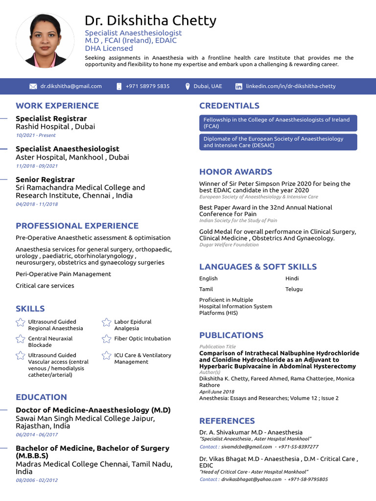 Dr. Dikshitha Resume - 2022 | PDF | Anesthesia | Health Care