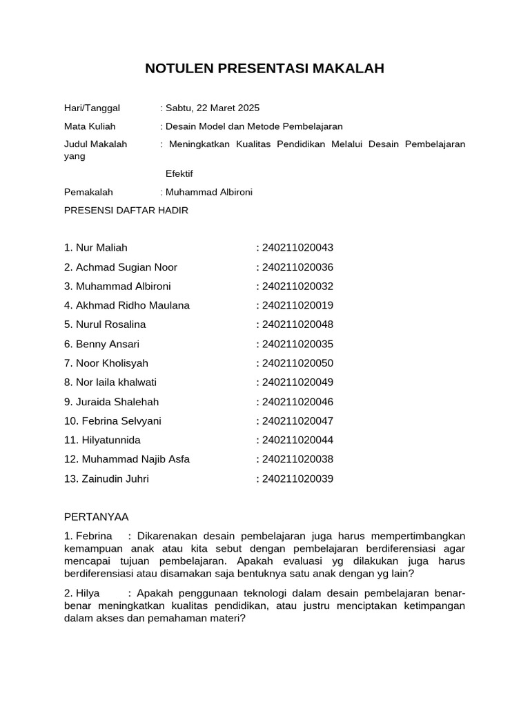 Notulen Presentasi Makalah 26 April 2025 | PDF