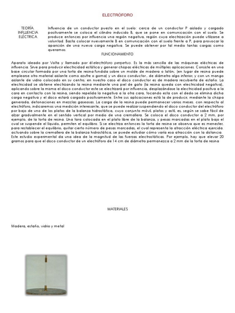 ELECTRÓFORO | PDF | Electromagnetismo | Electricidad