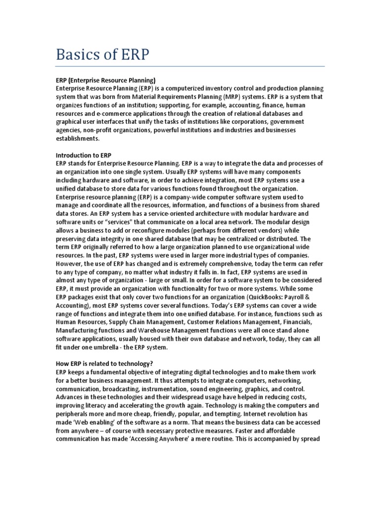 Basics of ERP: ERP (Enterprise Resource Planning) | PDF | Enterprise Resource Planning | Databases
