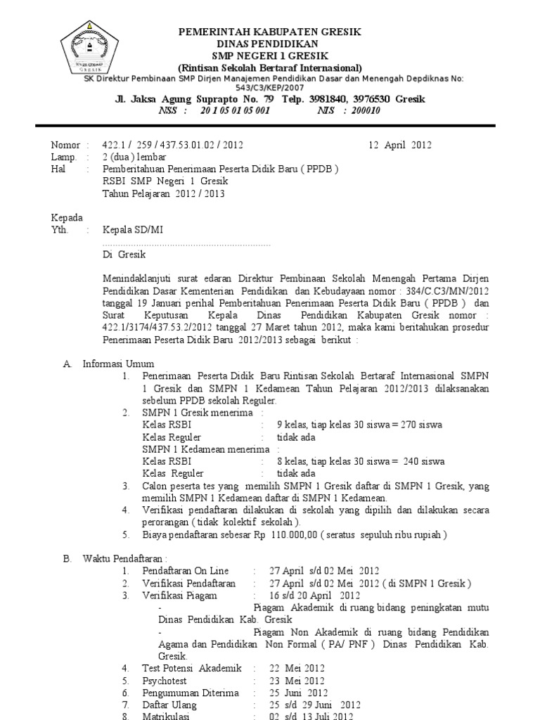 Info PPDB SMPN 1 Gresik 2012 2013 | PDF