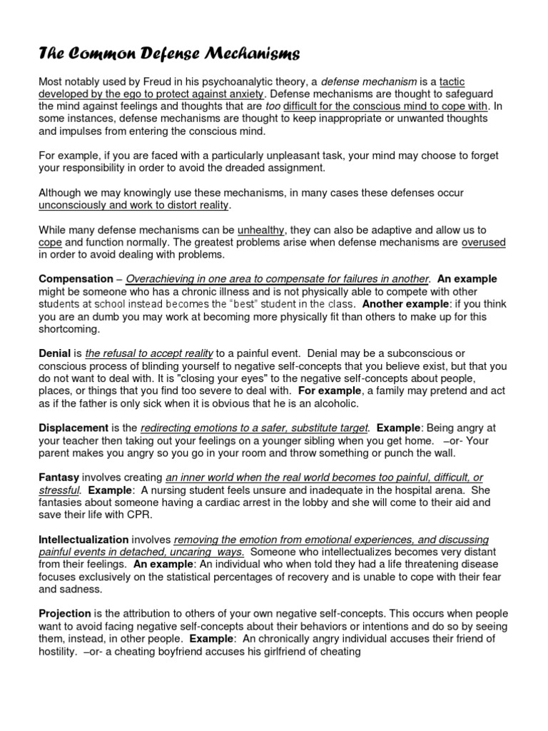 Defense Mechanism Handout | PDF | Defence Mechanisms | Psychological ...