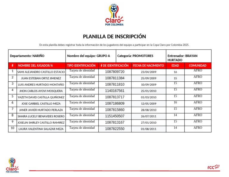 Inscripción Jugadores Copa Claro 2025 | PDF
