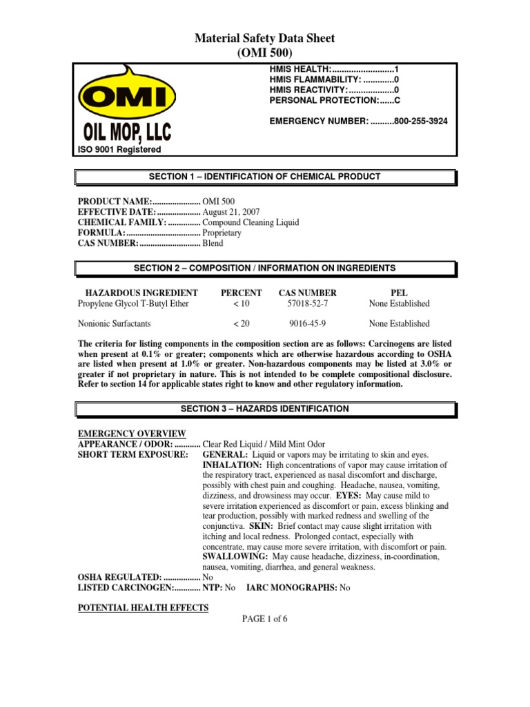 Omi 500 MSDS | PDF | Personal Protective Equipment | Waste Management