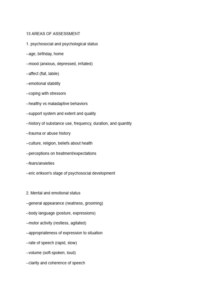 13 Areas of Assessment Sample | PDF | Anxiety | Senses