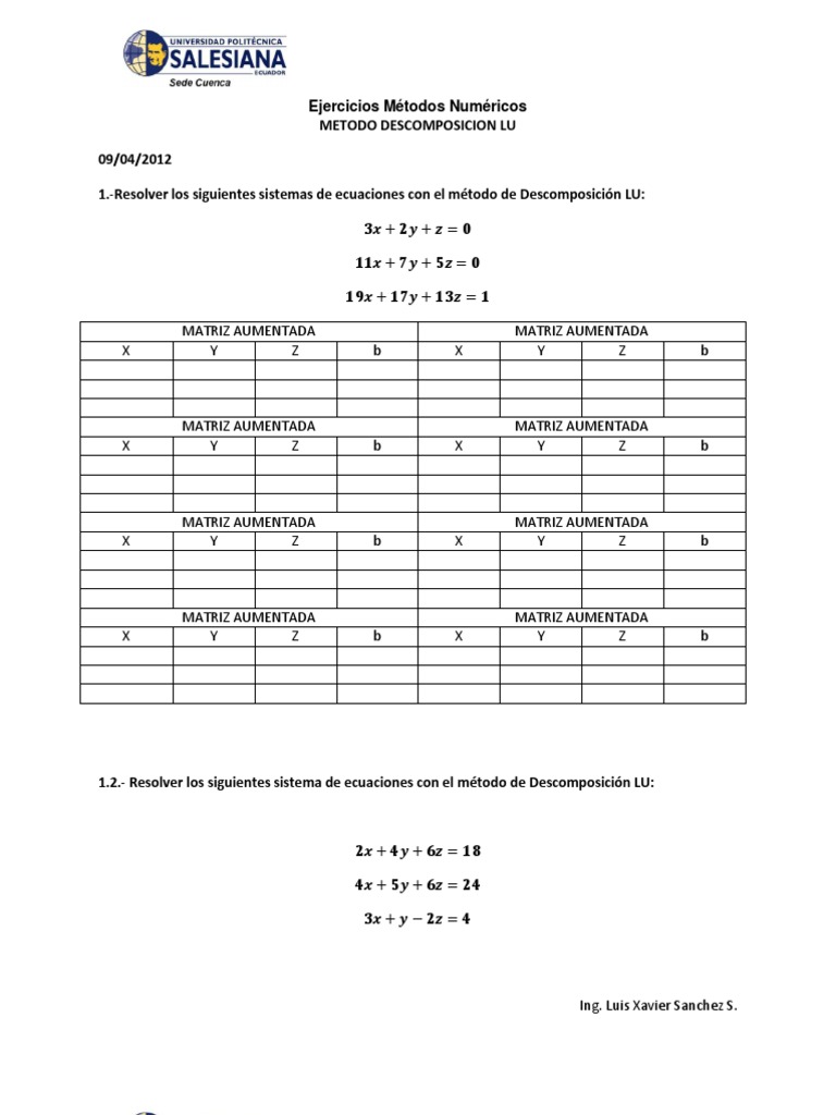 Ejercicios de Descomposición LU | PDF | Métodos y materiales de enseñanza | Ciencia y matemáticas