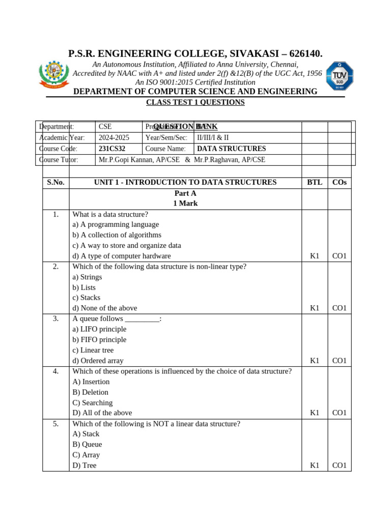 231cs32 - Class Test Questions Data Structutres | PDF | Queue (Abstract ...