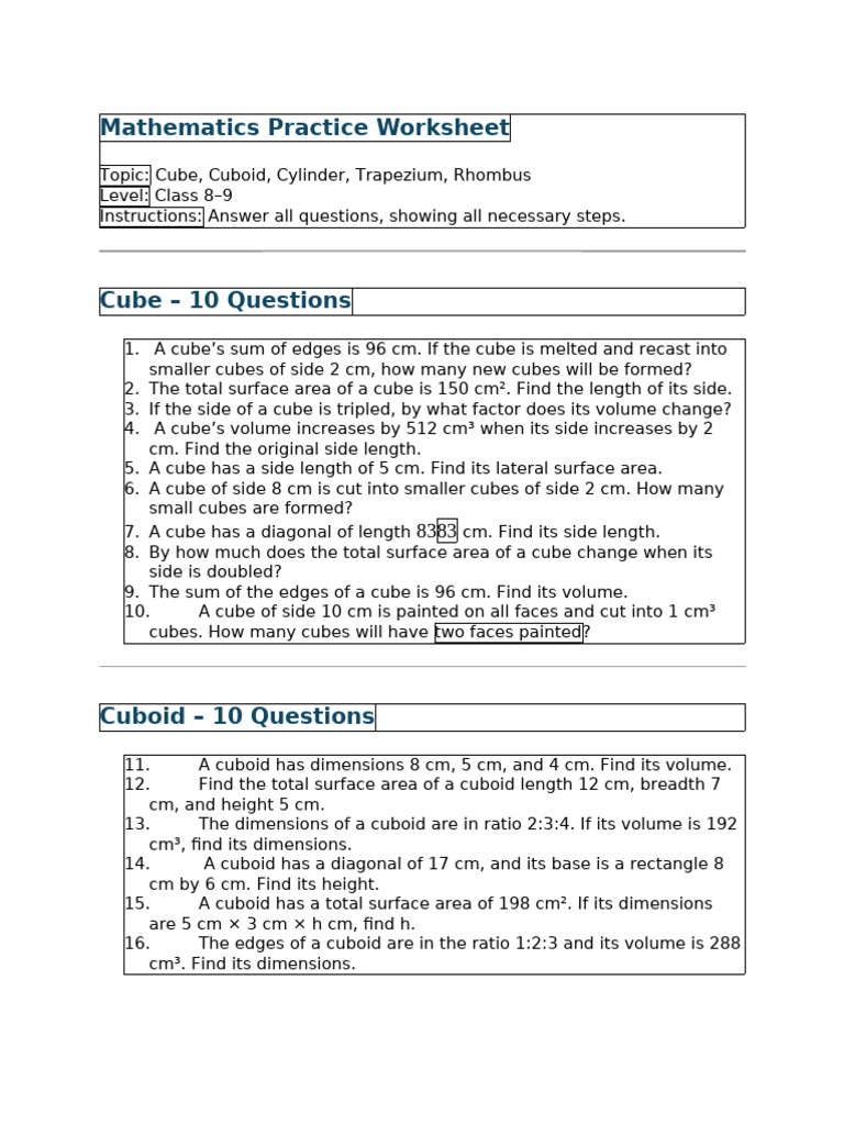 Class 8th Mensuration Questions | PDF | Volume | Area