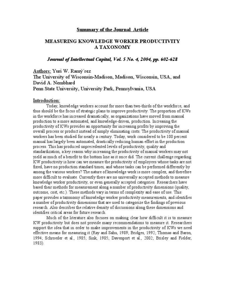 Measuring Knowledge Worker Productivity | PDF | Innovation | Cognition