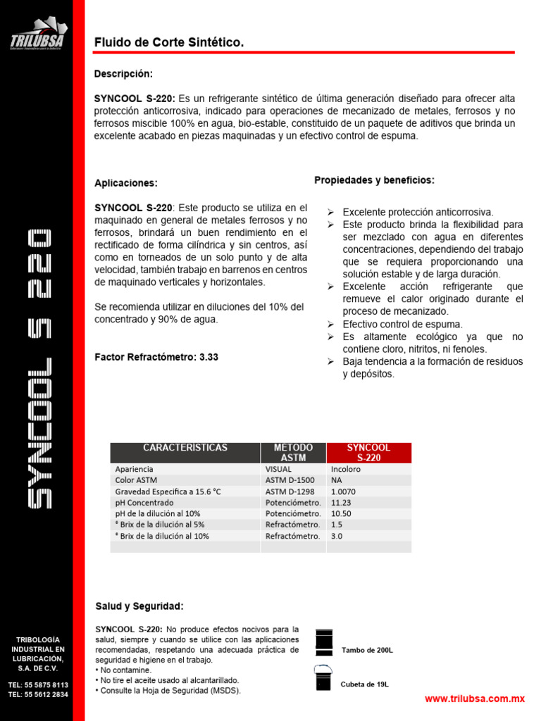 Refrigerante Sintético SYNCOOL S-220 | PDF | Agua | Materiales