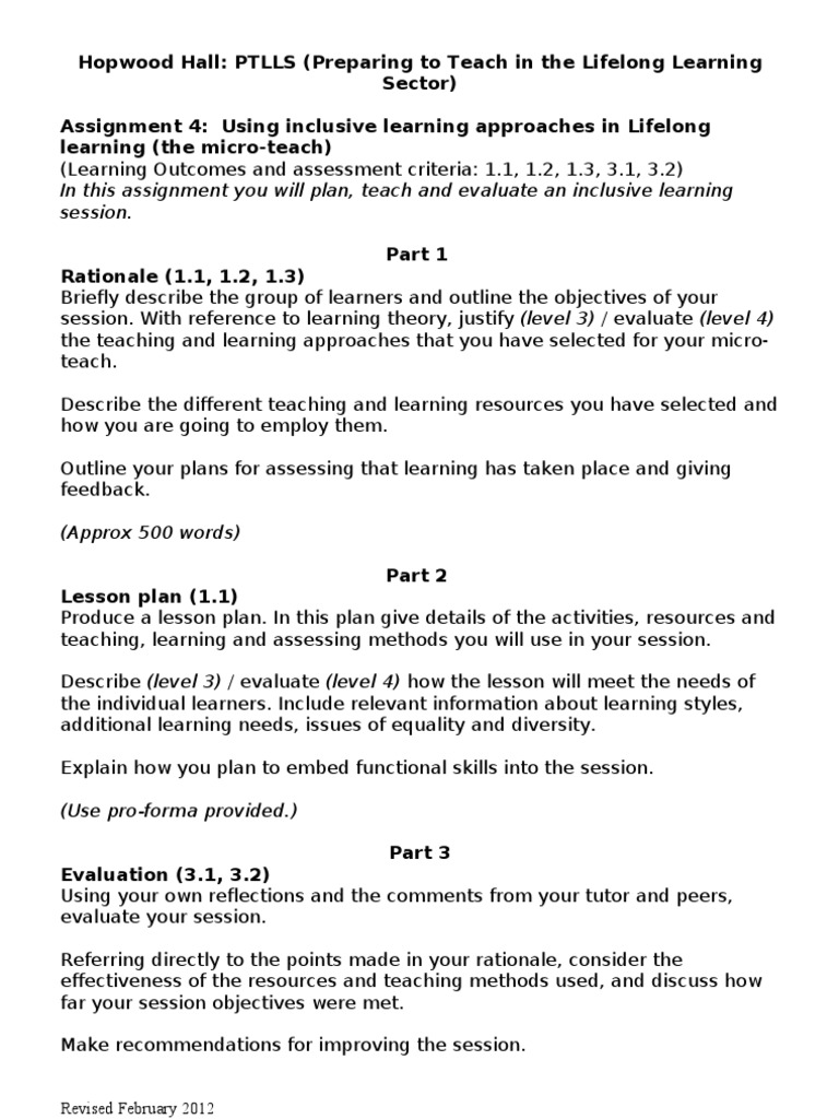 New PTLLS Assignment 4 Levels 3 and 4 Revised February 2012 | PDF ...