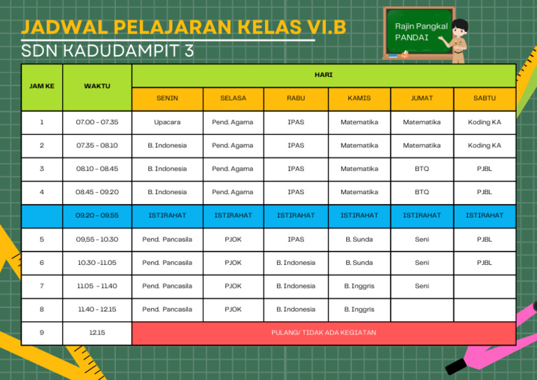 Hijau Bergaris Tabel Jadwal Pelajaran Sekolah Dasar Kelas VI | PDF