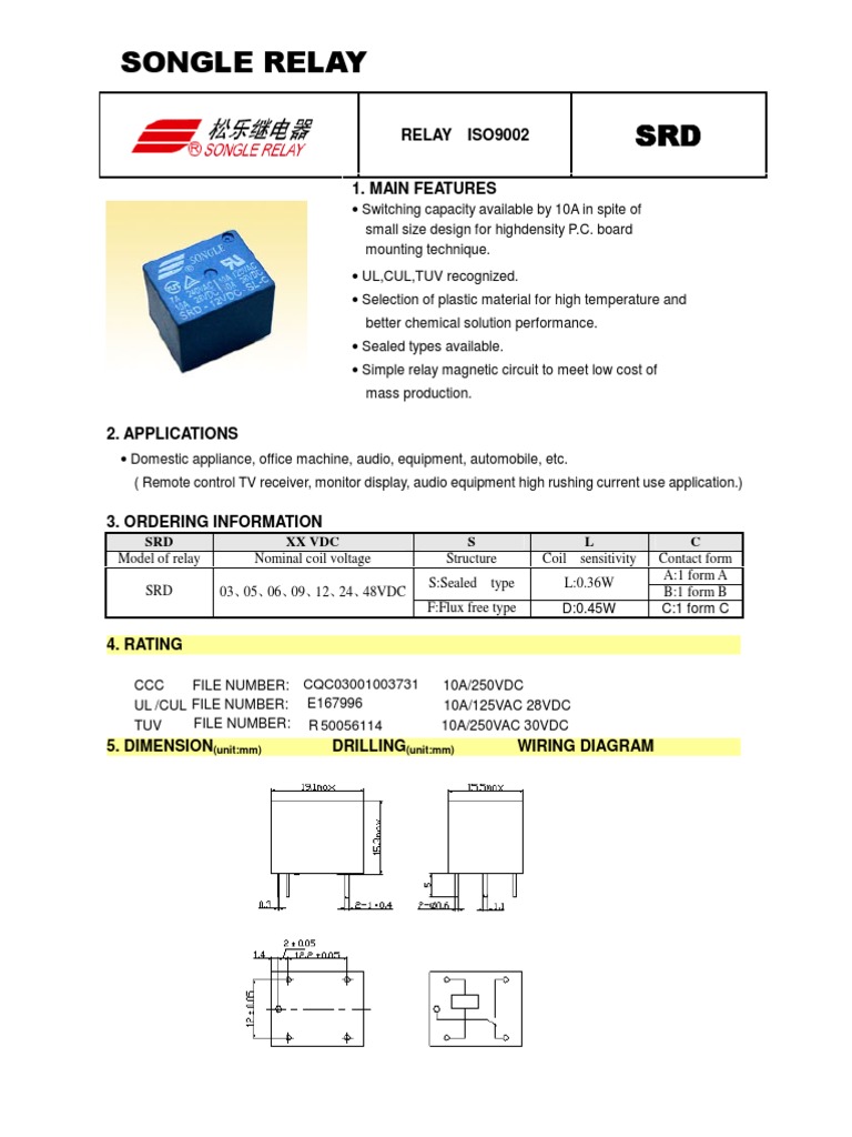 Songle Relay SRD-05VDC-SL-C Datasheet | PDF | Relay | Inductor