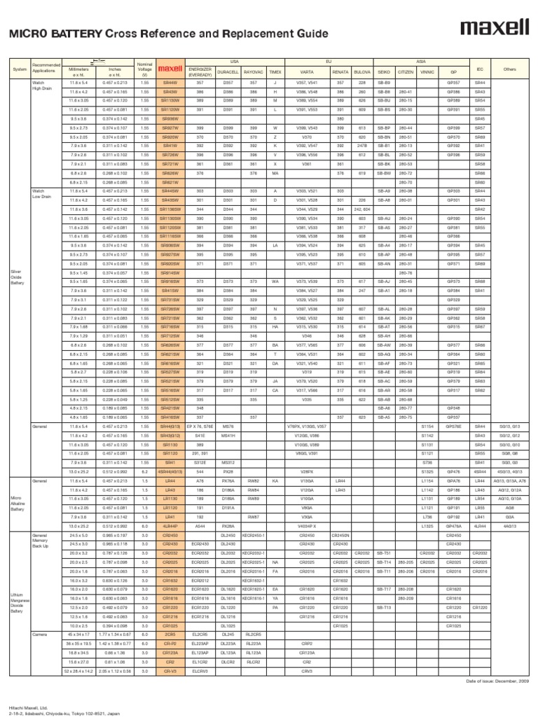 MAXELL Micro Battery Cross Reference and Replacement Guide | PDF ...