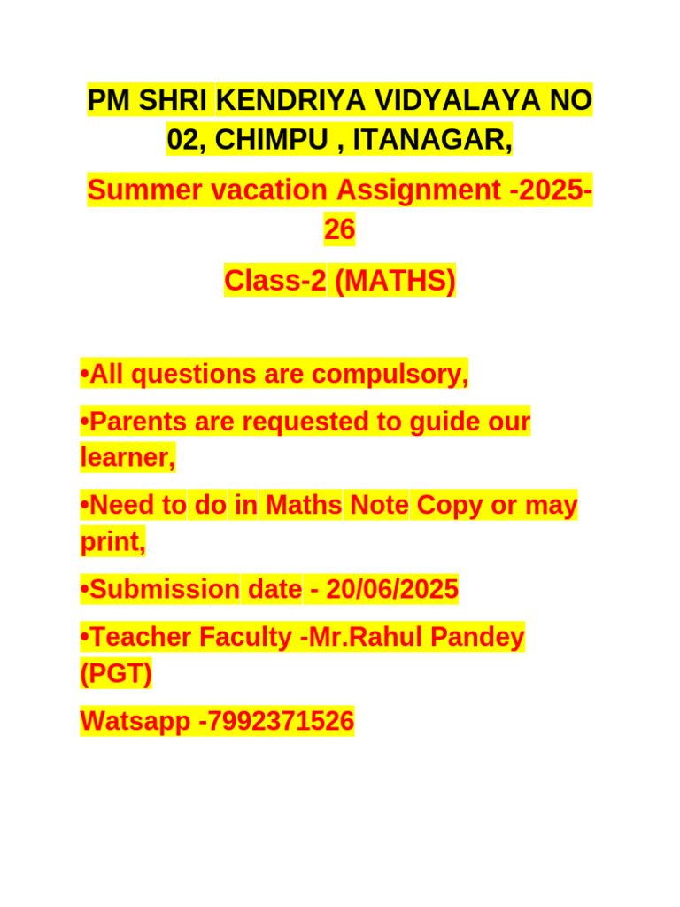 Class-2 MATHS Holiday Homework | PDF