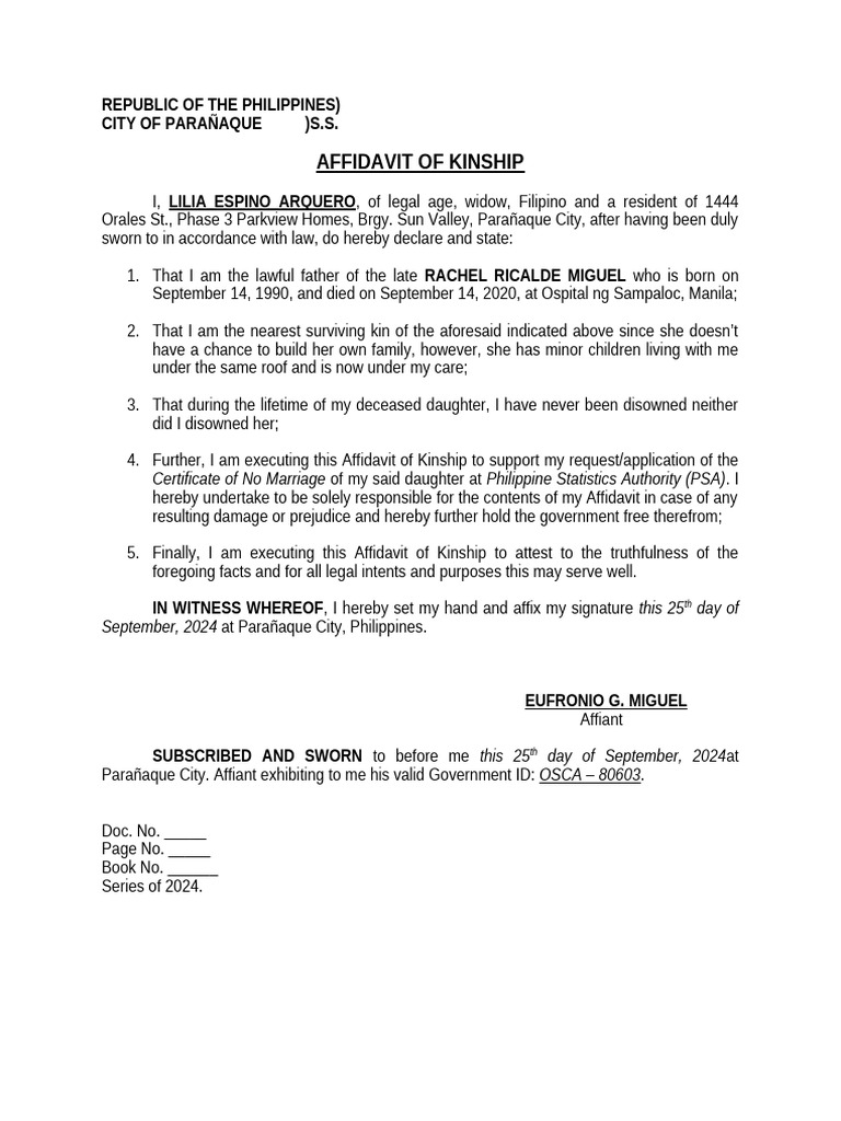 Affidavit of Kinship for PSA Certificate | PDF