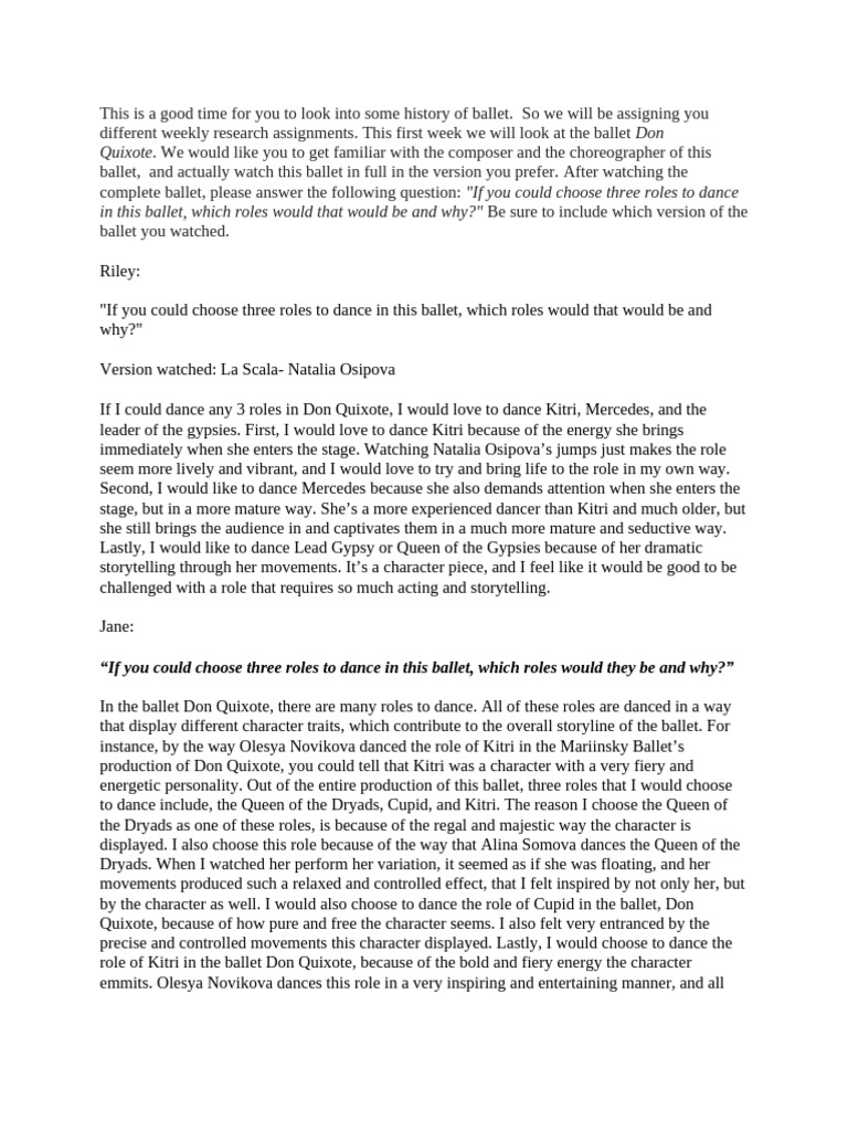 Character Analysis in Don Quixote Ballet | PDF | Ballet | Dances
