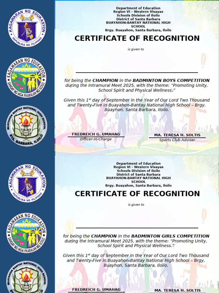 Example of Intramural Meet Certificates | PDF