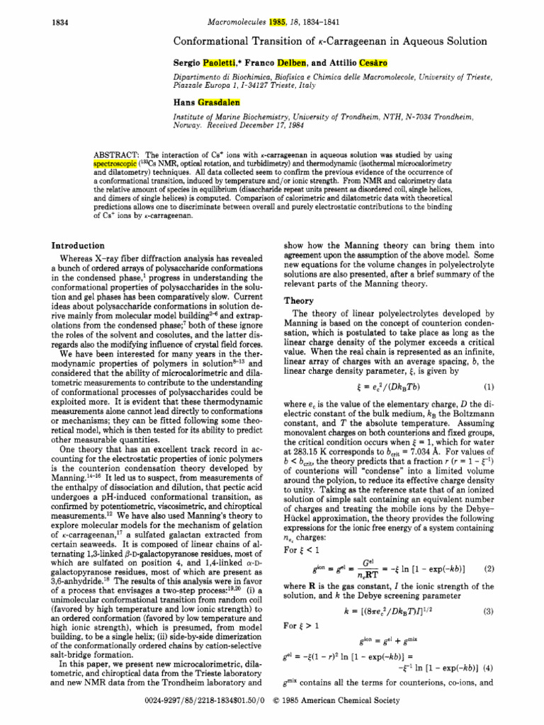 Conformational Transition of Kappa Carrageenan in Aqueous Solution ...