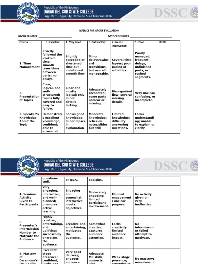 Group Evaluation Rubrics for Seminars | PDF | Cognition | Learning