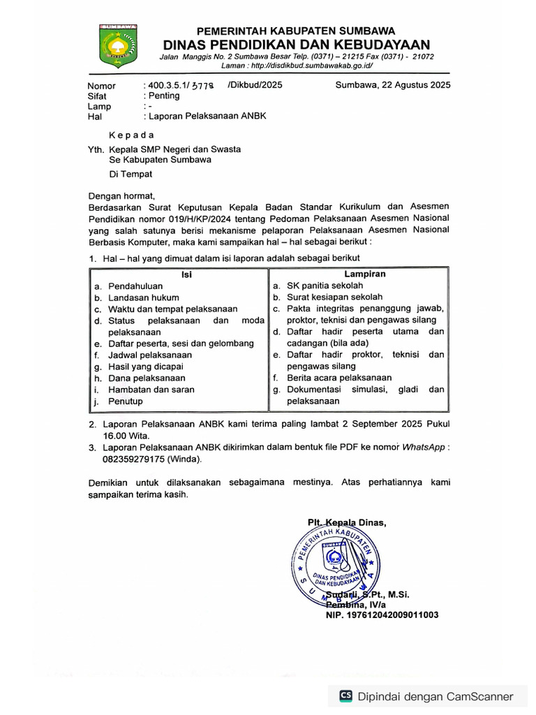 Surat Pelaporan Pelaksanaan ANBK | PDF