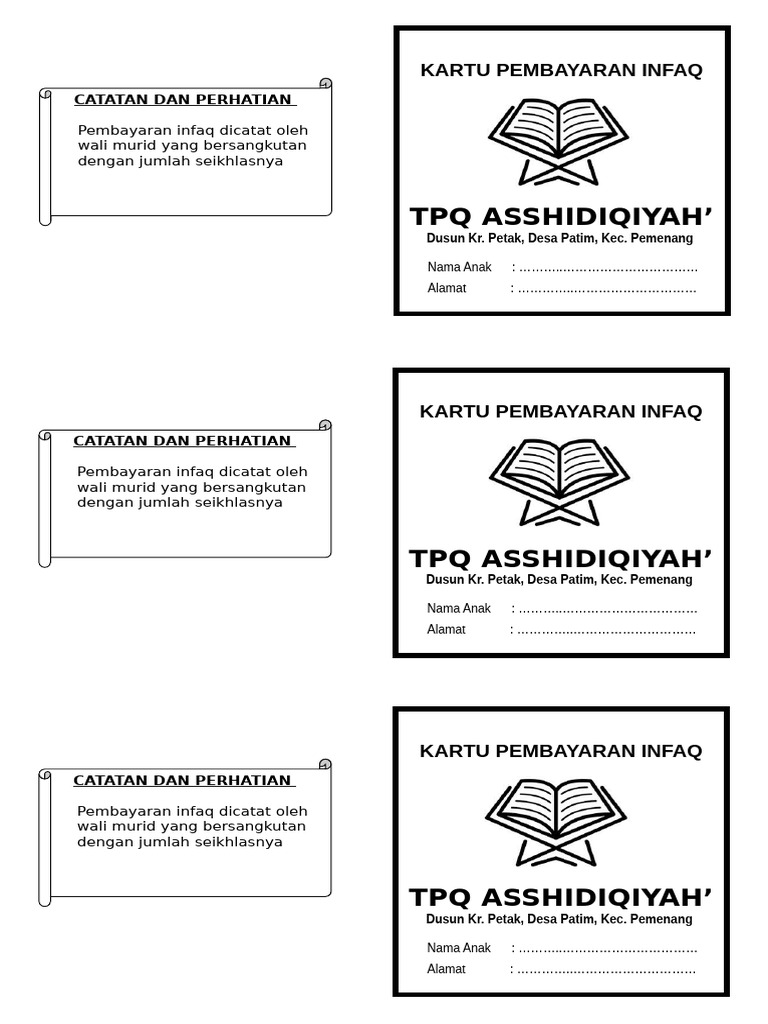 Kartu Infaq Tpq Asshidiqiyah Kr.petak | PDF