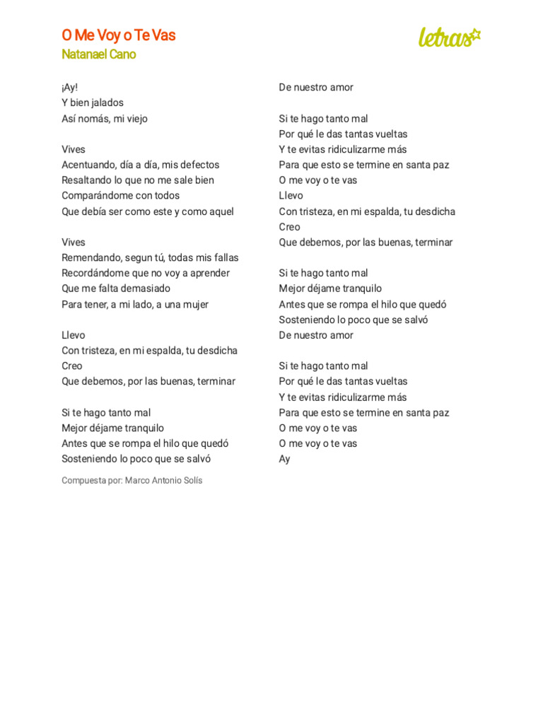Desamor y Decisión en "O Me Voy o Te Vas" | PDF